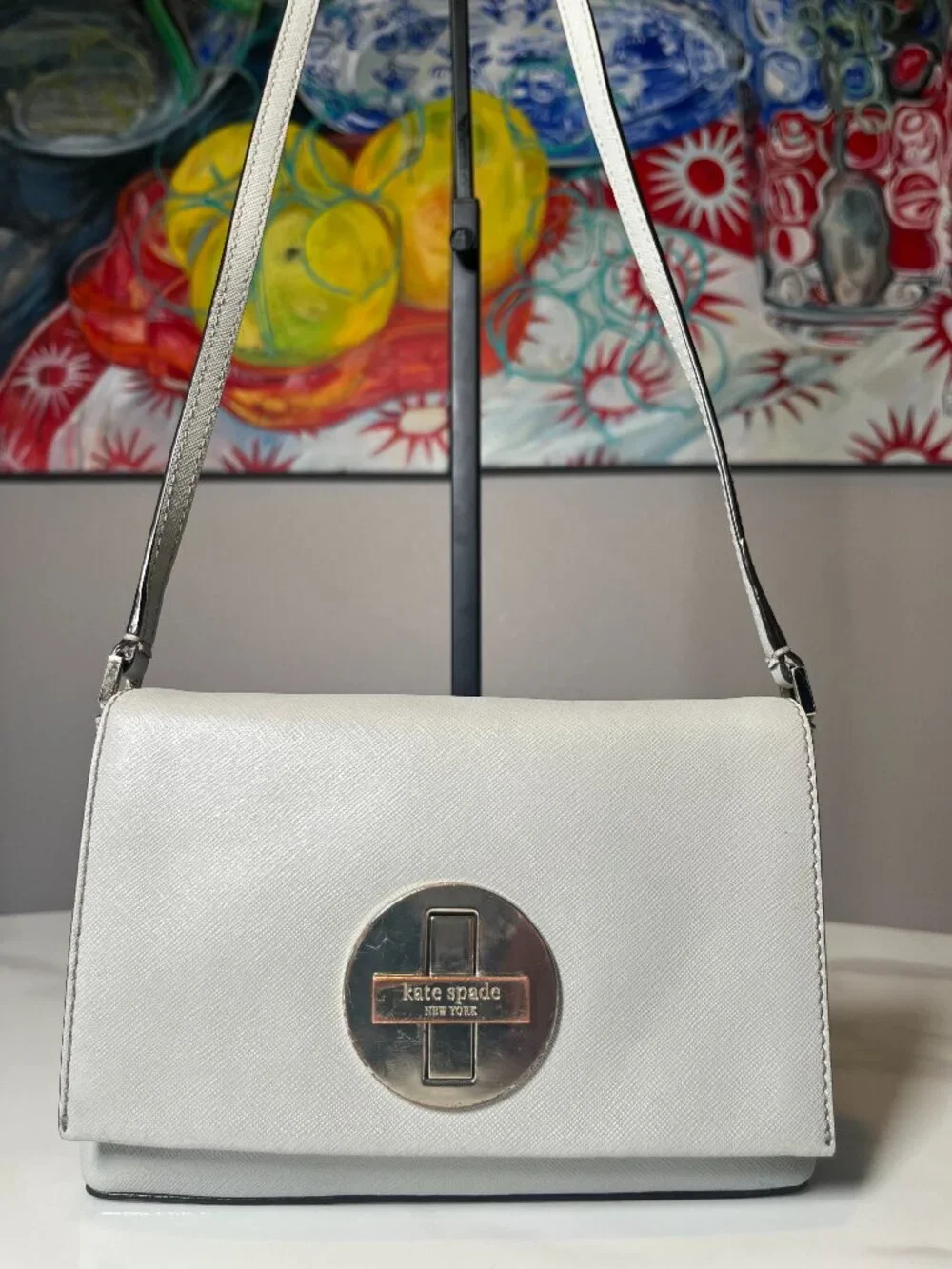 kate spade | Bags | Kate Spade New York Saffiano Leather Turn Lock Gray ...